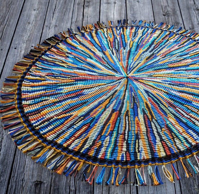 Hand Knotted Maximalist Round Rug 55 Handmade Macrame Circle Mat Earth ...