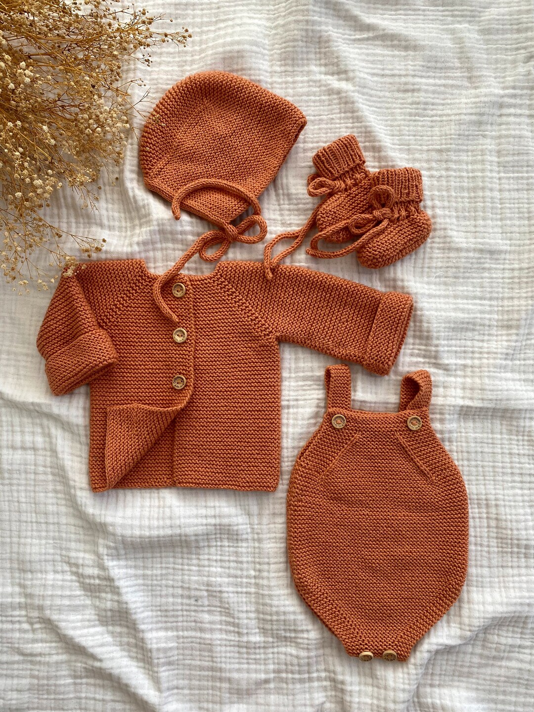 Hand Knit Organic Cotton Newborn Outfit: Pumpkin Color Baby Clothes Set ...