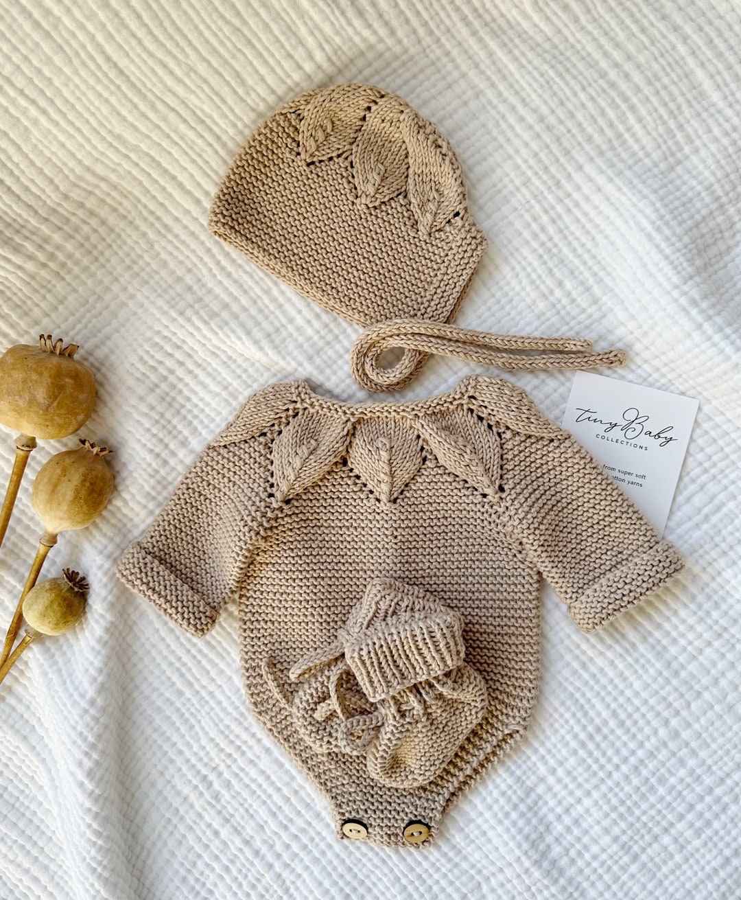 Newborn Knit Outfit, Knit Baby Romper & Bonnet and Booties , Knit Baby ...