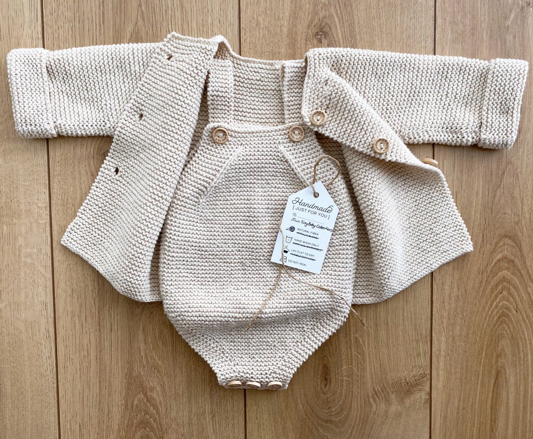 Knitted Baby Romper and Cardigan Set, Knitted Baby Clothes, Cotton Knit ...