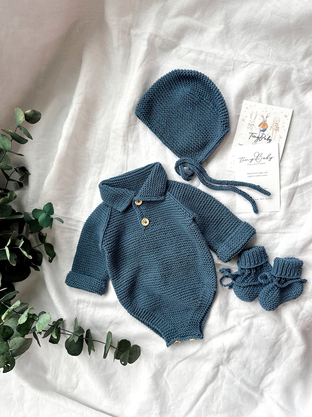 Hand Knit Organic Cotton Baby Romper Set: Newborn Outfit With Bonnet ...