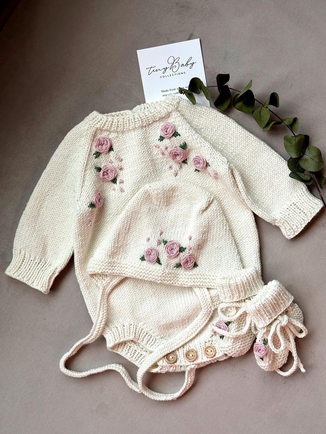 Organic Cotton Knit Baby Romper Set: Embroidered Newborn Baby Girl ...