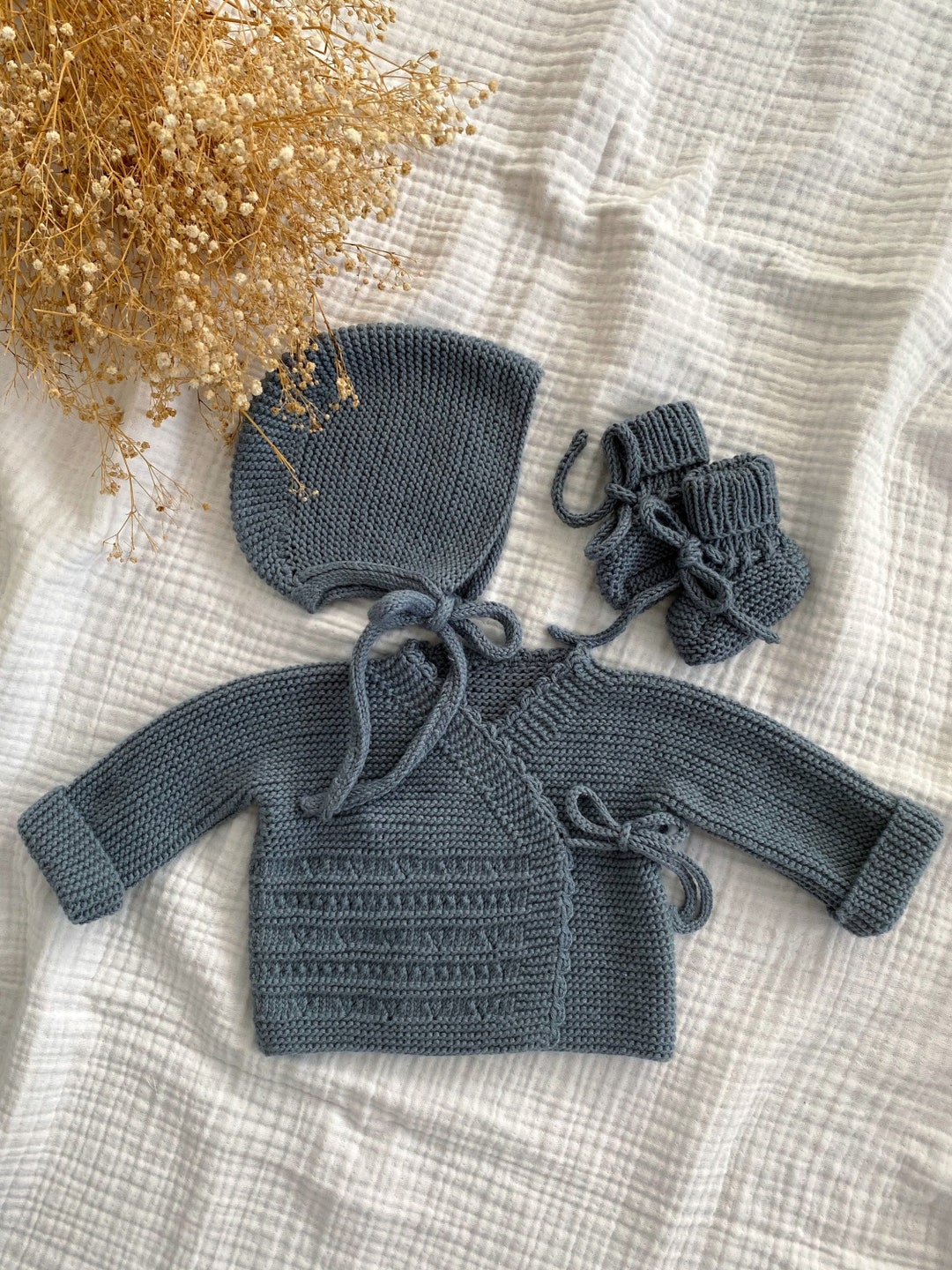Knitted Newborn Baby Outift: Organic Cotton Kimono Sweater, Hat ...