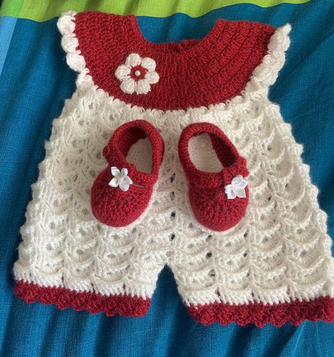 Newborn Baby Girl Crochet Dress/romper. Set With Dress and Shoes. White ...