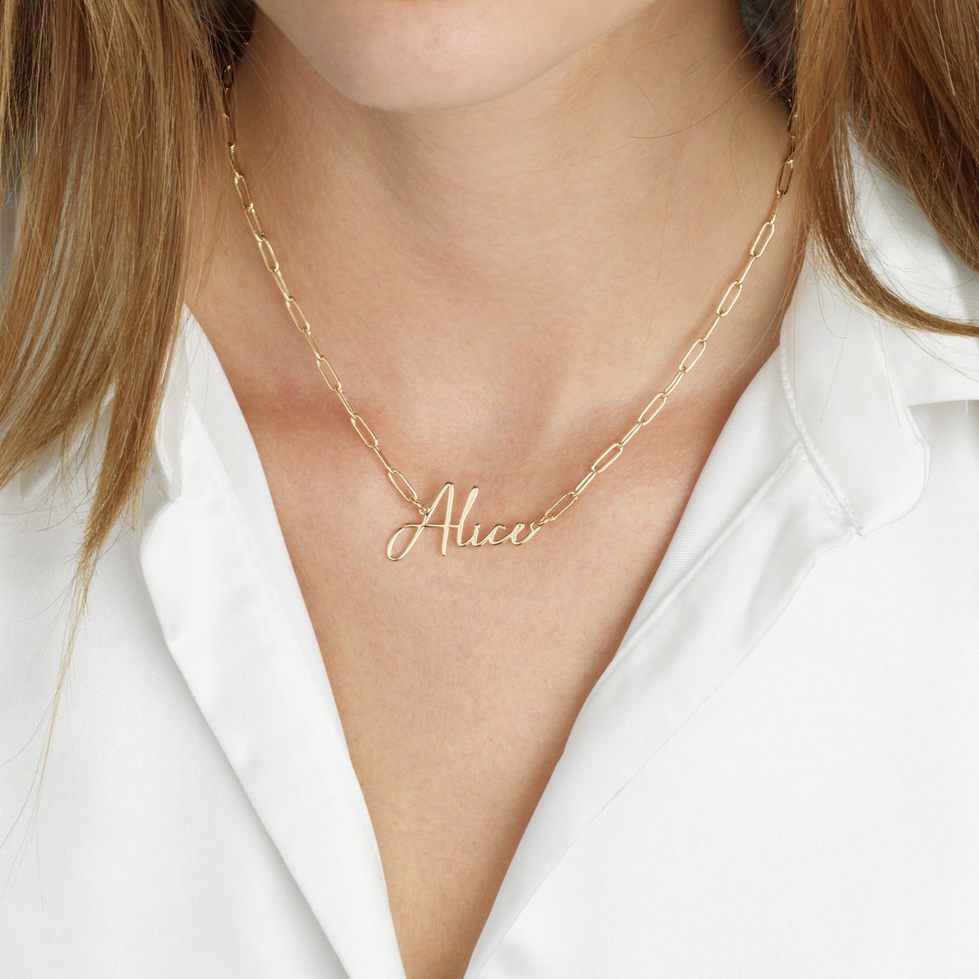 Name Necklace With Paper Clip Chain, Paperclip Necklace Gold, Paperclip ...