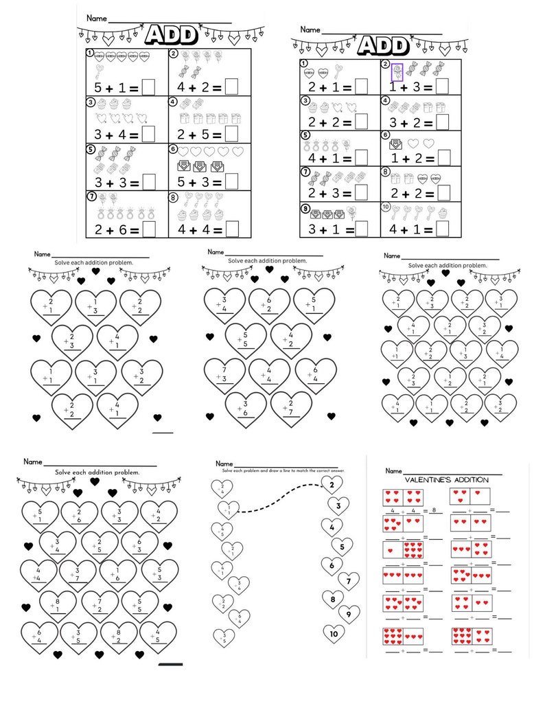 Valentine's Day Addition Math Worksheets Multiple - Etsy