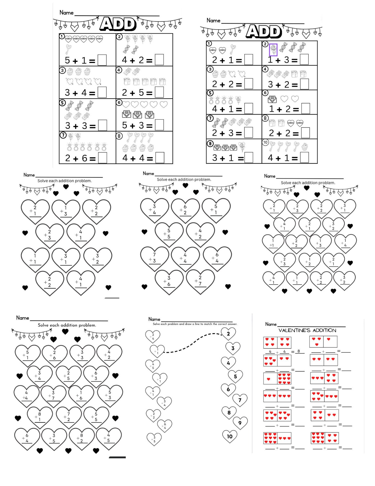 Valentine's Day Addition Math Worksheets Multiple - Etsy