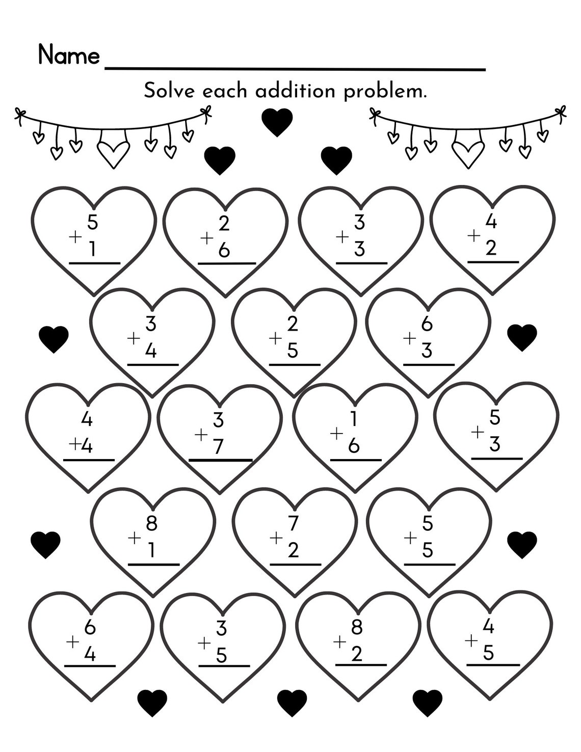 Valentine's Day Addition Math Worksheets Multiple - Etsy
