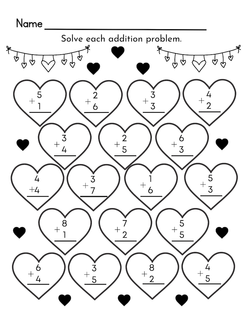 Valentine's Day Addition Math Worksheets Multiple - Etsy