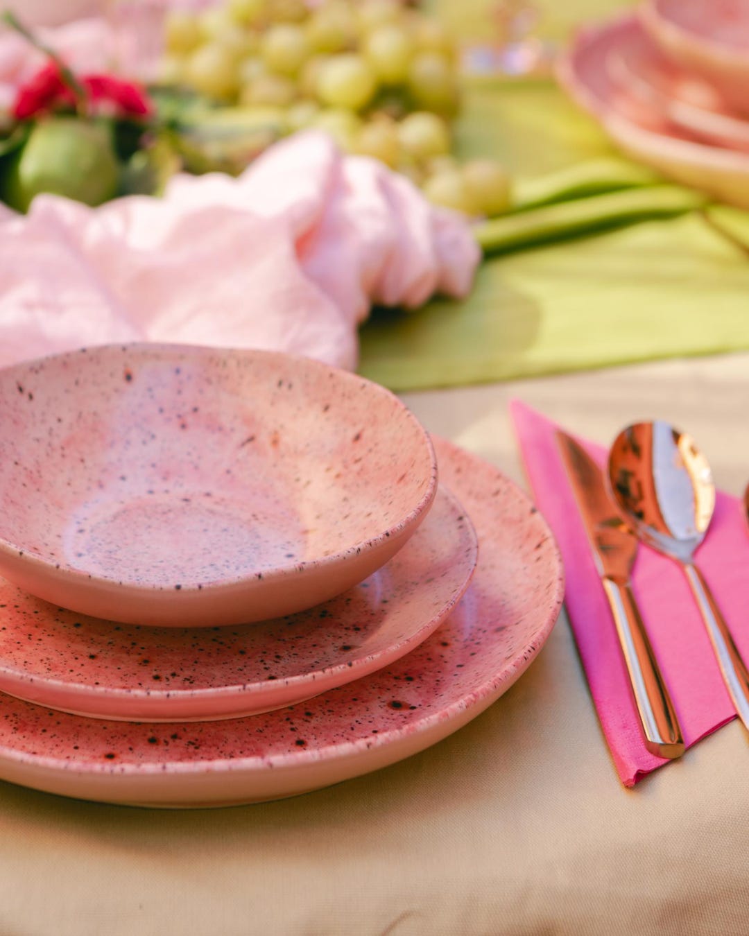 Handmade Stoneware Dinner Set: Rosalía Pink Ceramic Tableware, 3-piece ...