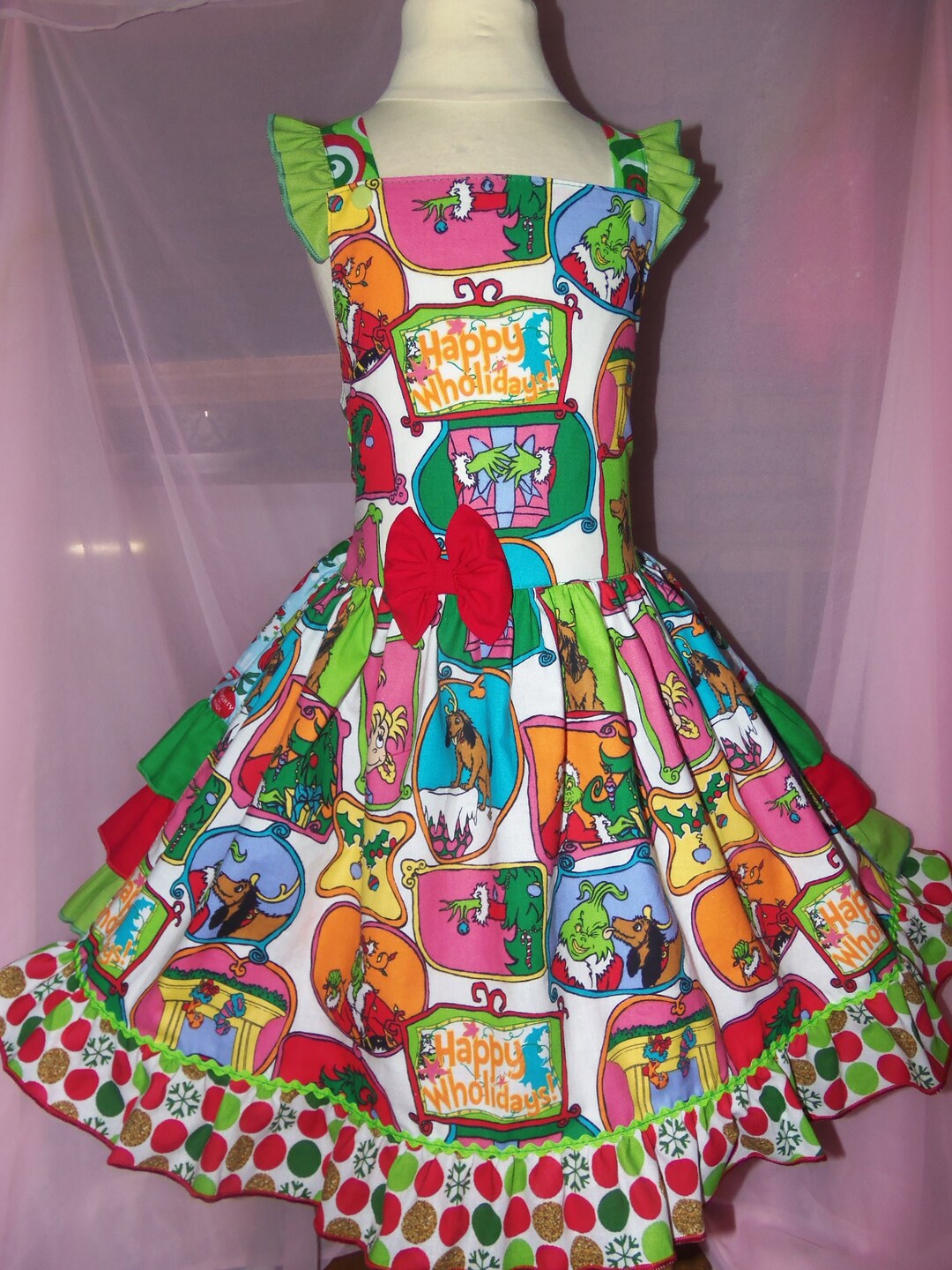 Merry Christmas Green Bad Man Party Vintage RARE Fabric Girl's Dress ...