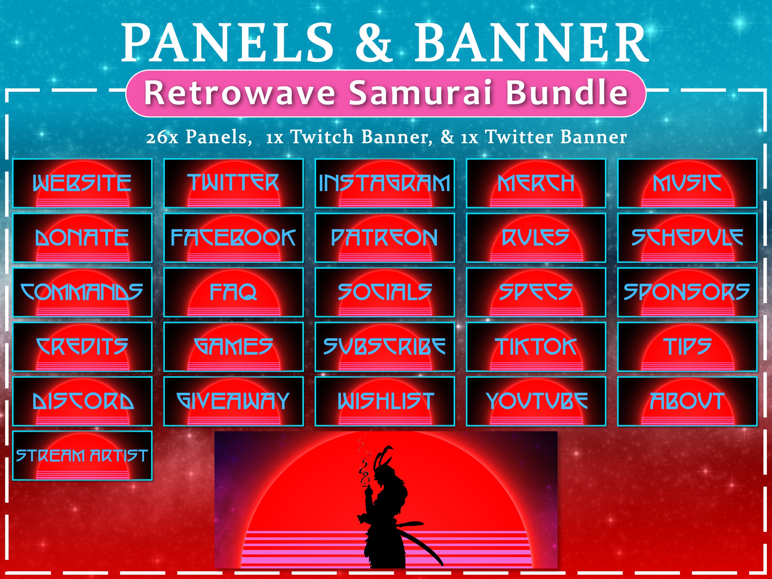 Animated Retrowave Samurai Twitch Banner and Panels | Streaming Setup ...