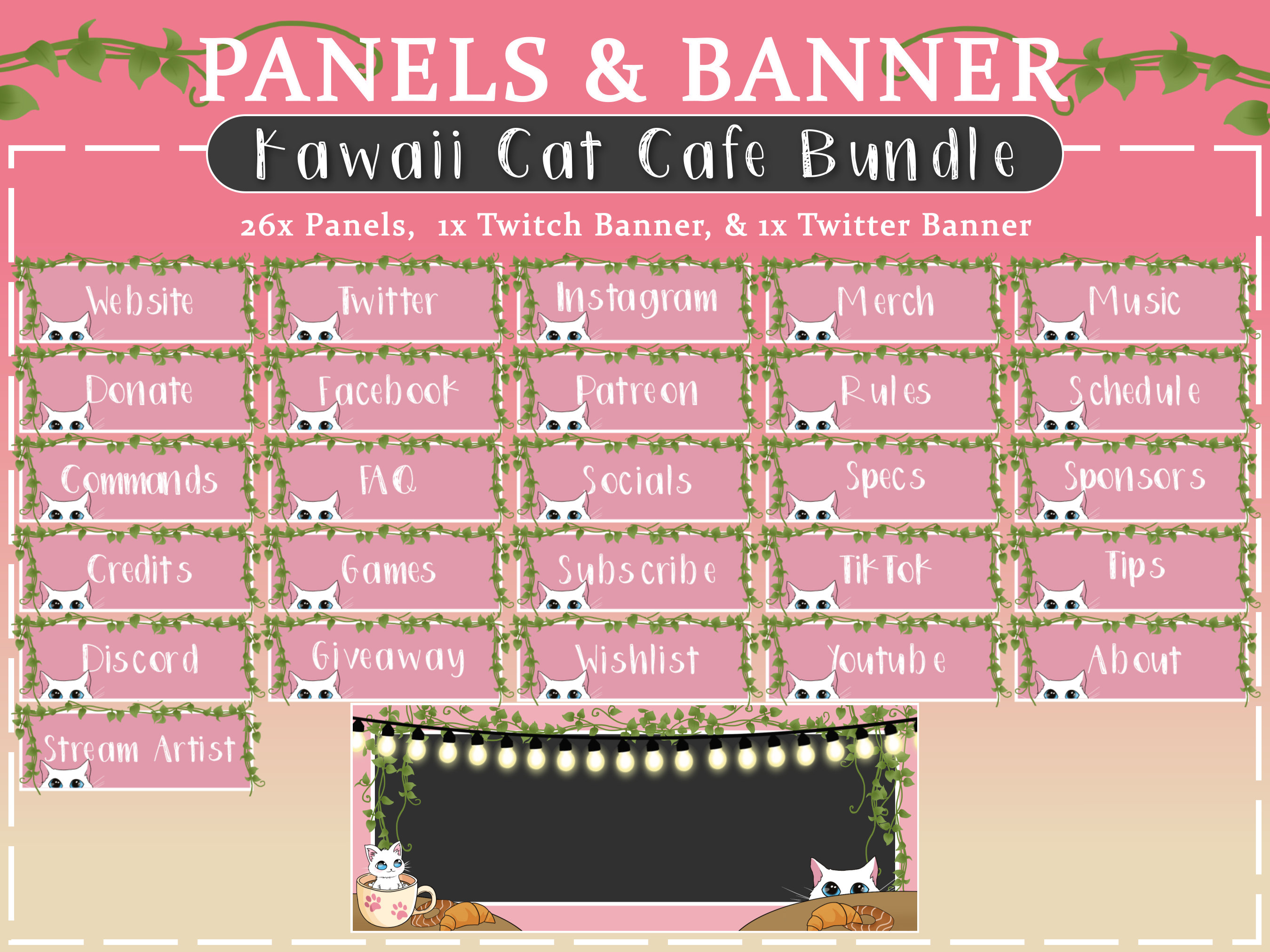Kawaii Cat Cafe Twitch Panels and Banner | Twitch | Overlay | Stream ...