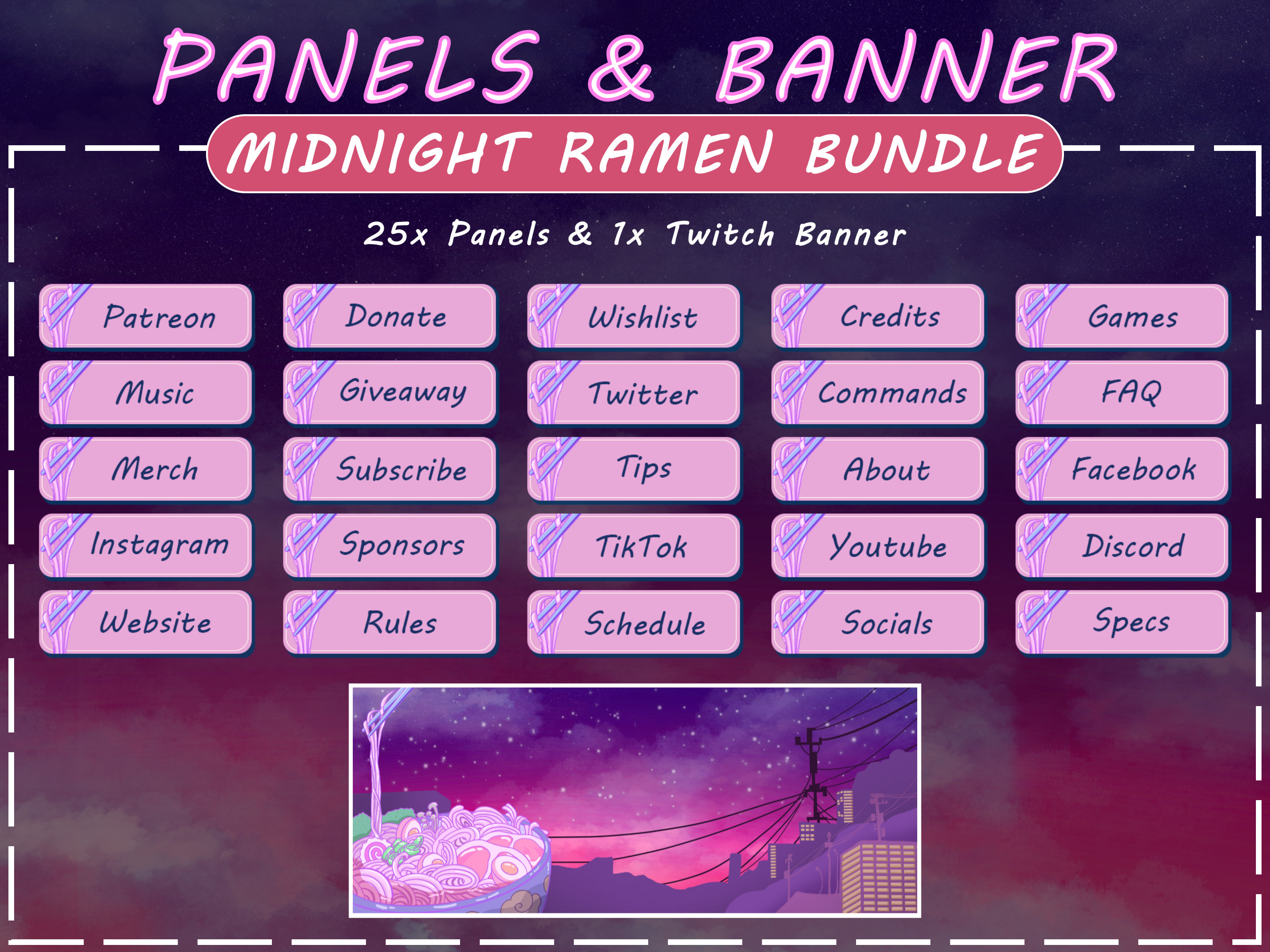 Twitch Midnight Ramen Banner and Panels | Stream Decor | Stream ...
