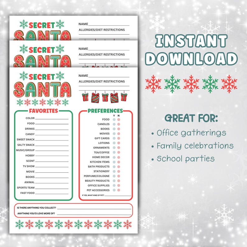 Secret Santa Questionnaire Printable | Gift Exchange Survey (PDF) - Etsy