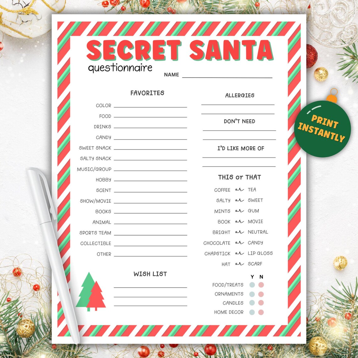Secret Santa Questionnaire Printable, Christmas Gift Exchange (digital ...