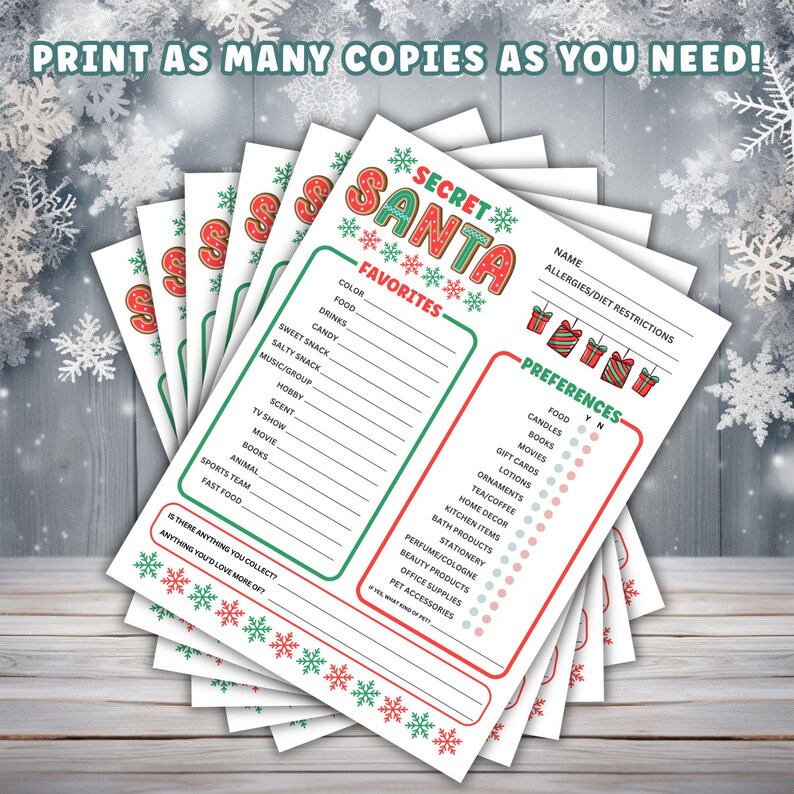 Secret Santa Questionnaire Printable | Gift Exchange Survey (PDF) - Etsy