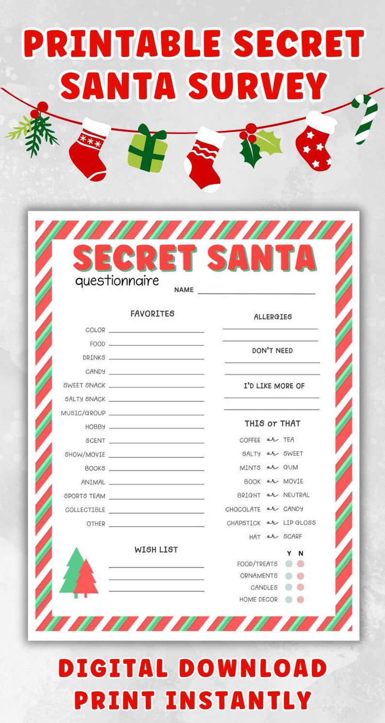 Secret Santa Questionnaire Printable, Christmas Gift Exchange (digital ...