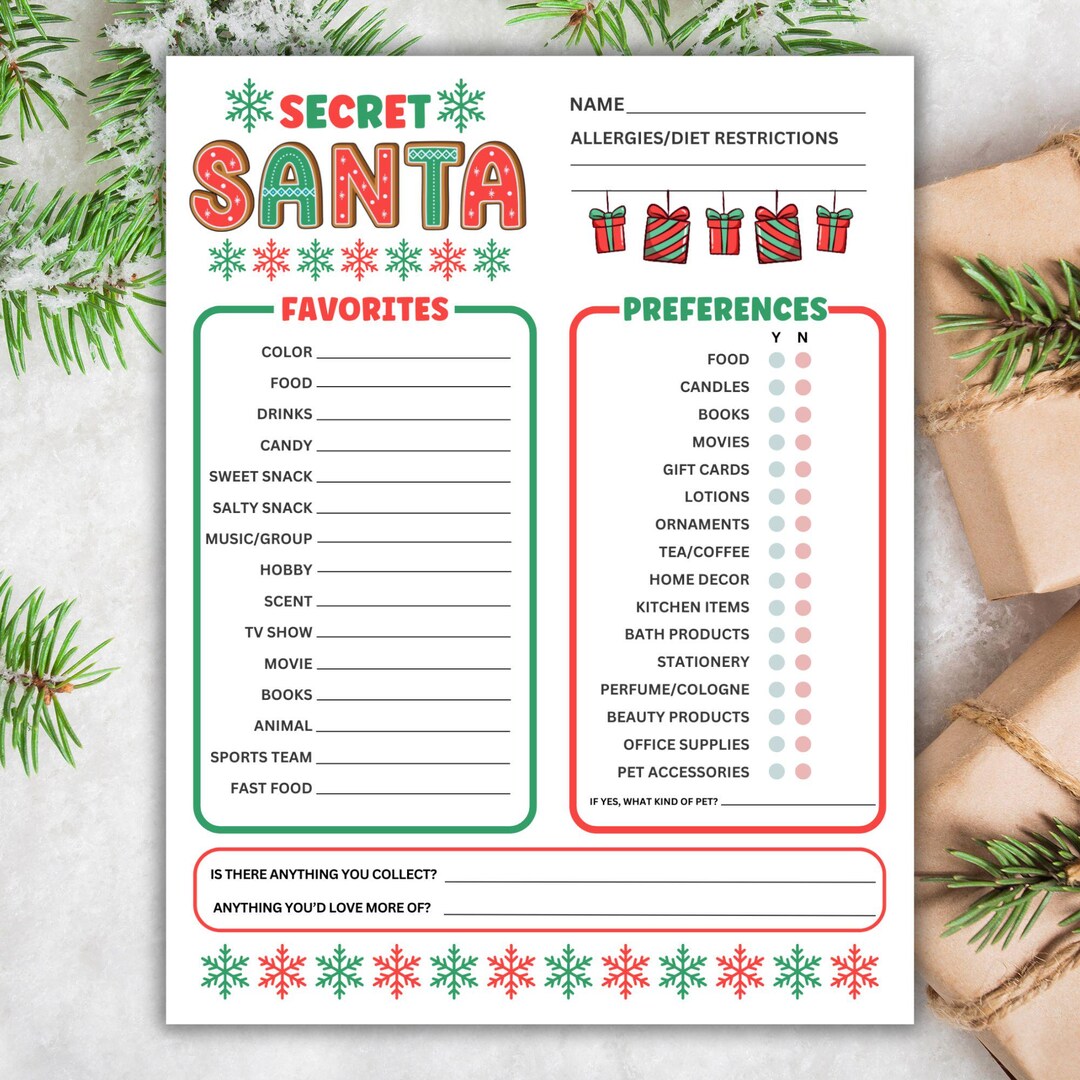 Secret Santa Questionnaire Printable | Gift Exchange Survey (PDF) - Etsy
