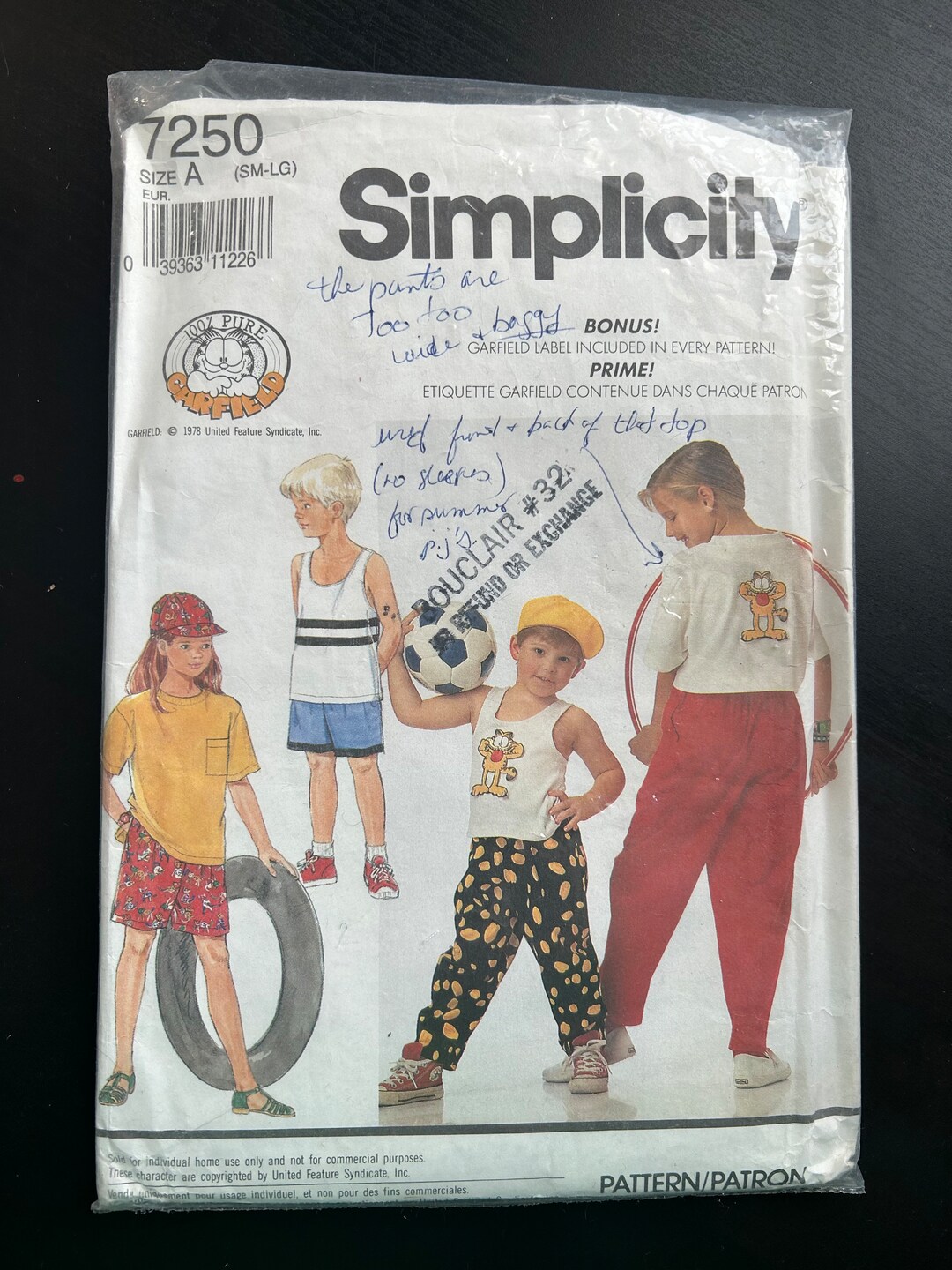 Simplicity 7257 Sewing Pattern Unisex Boys Girls Garfield Sleeveless or ...