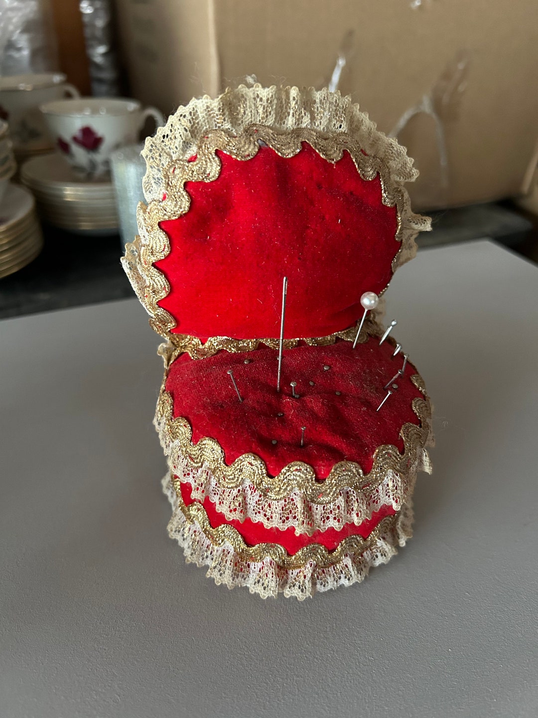 Antique Pin Cushion Red Velvet With Gold Trim Sewing Pin Chair - Etsy
