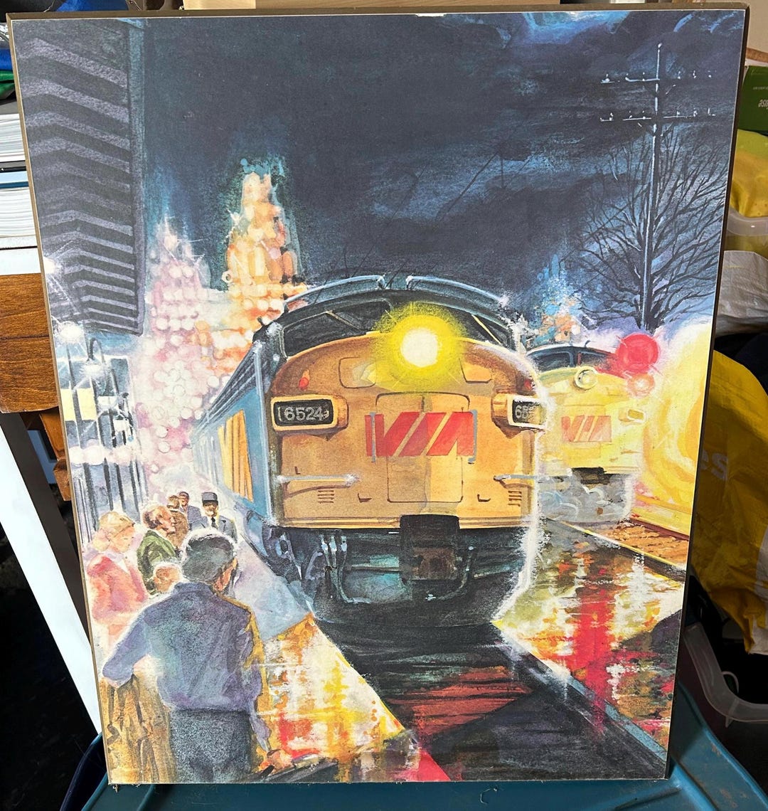 Collectible 1970s Yellow Vintage VIA Rail Train Picture on Wooden Board ...