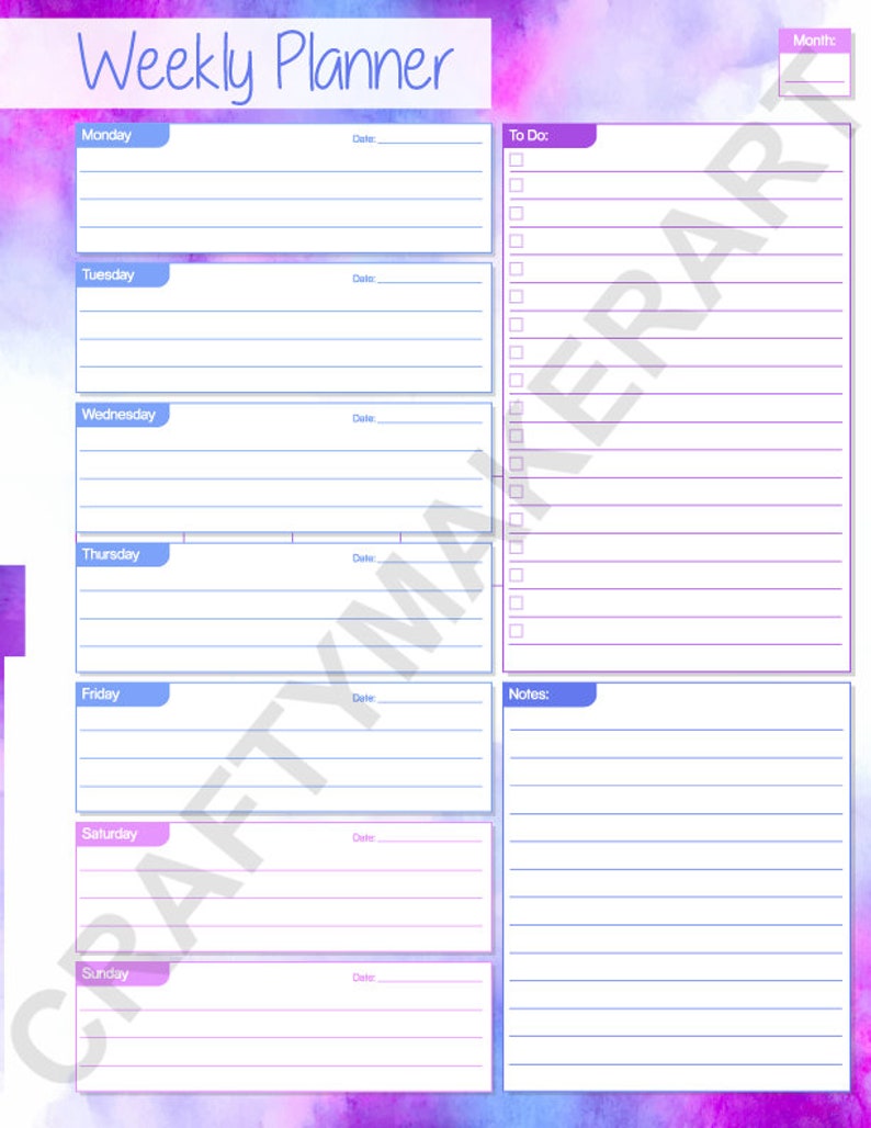 Weekly Planner for 3 Hole Binder Printable Watercolor Design - Etsy
