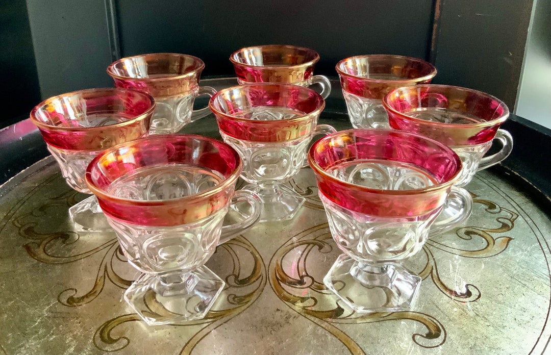 Great Set of 8 Ruby Red Cranberry Flash Thumbprint Cups ~ Indiana Glass ...