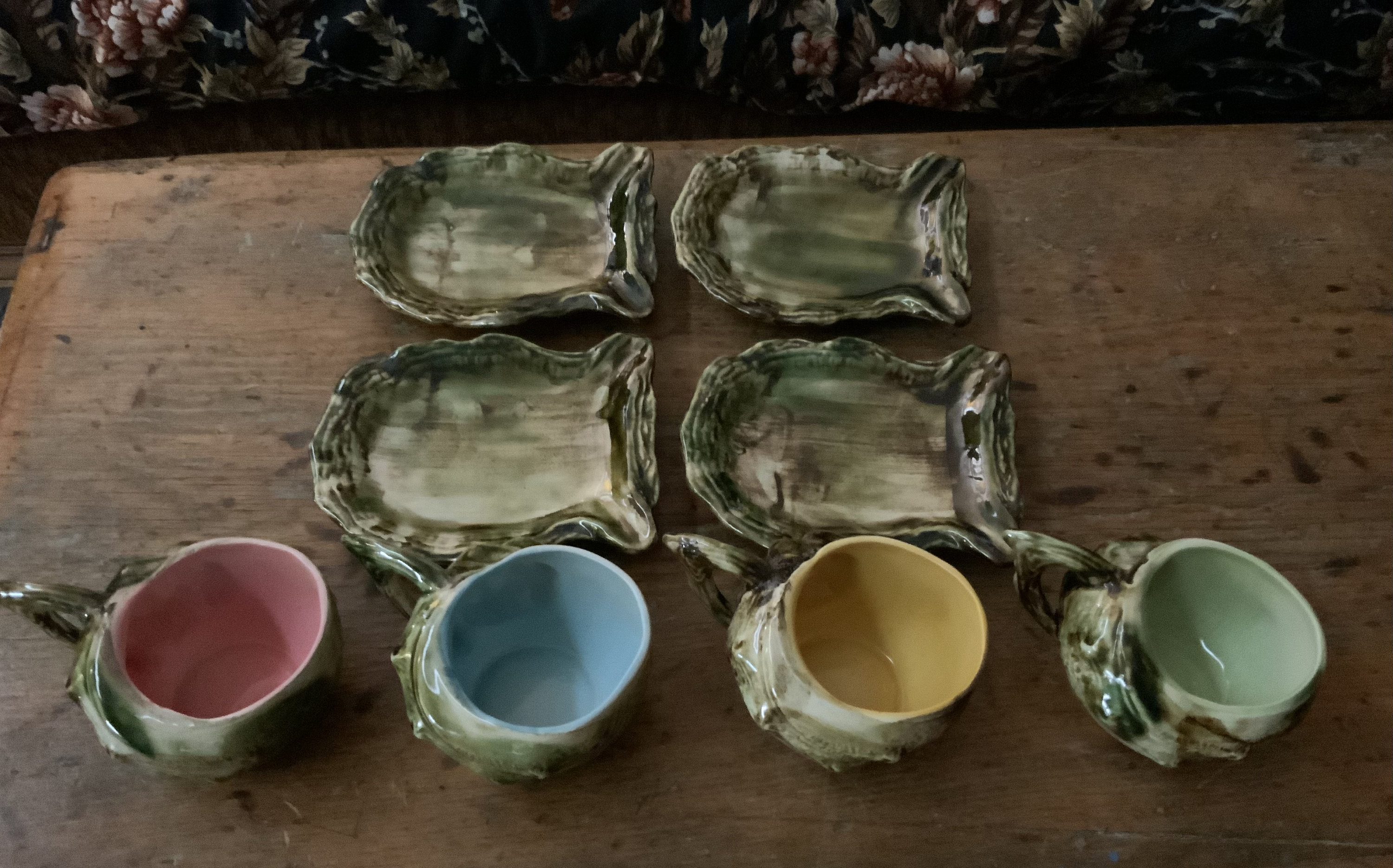 Wonderful Japanese Conch Shell Green Pottery Cups and Saucers Set of ...