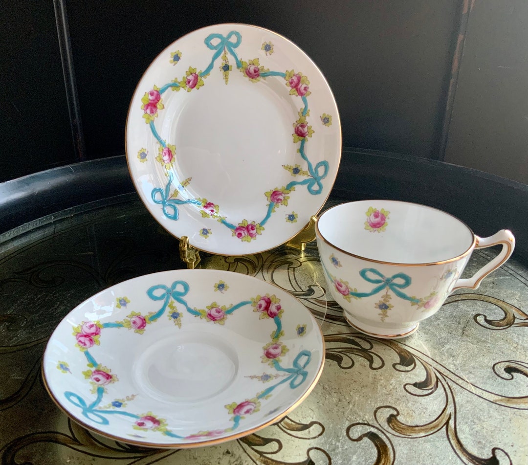 Very Desirable Crown Staffordshire Enamelled Blue Bow Tea Trio F4547 ...