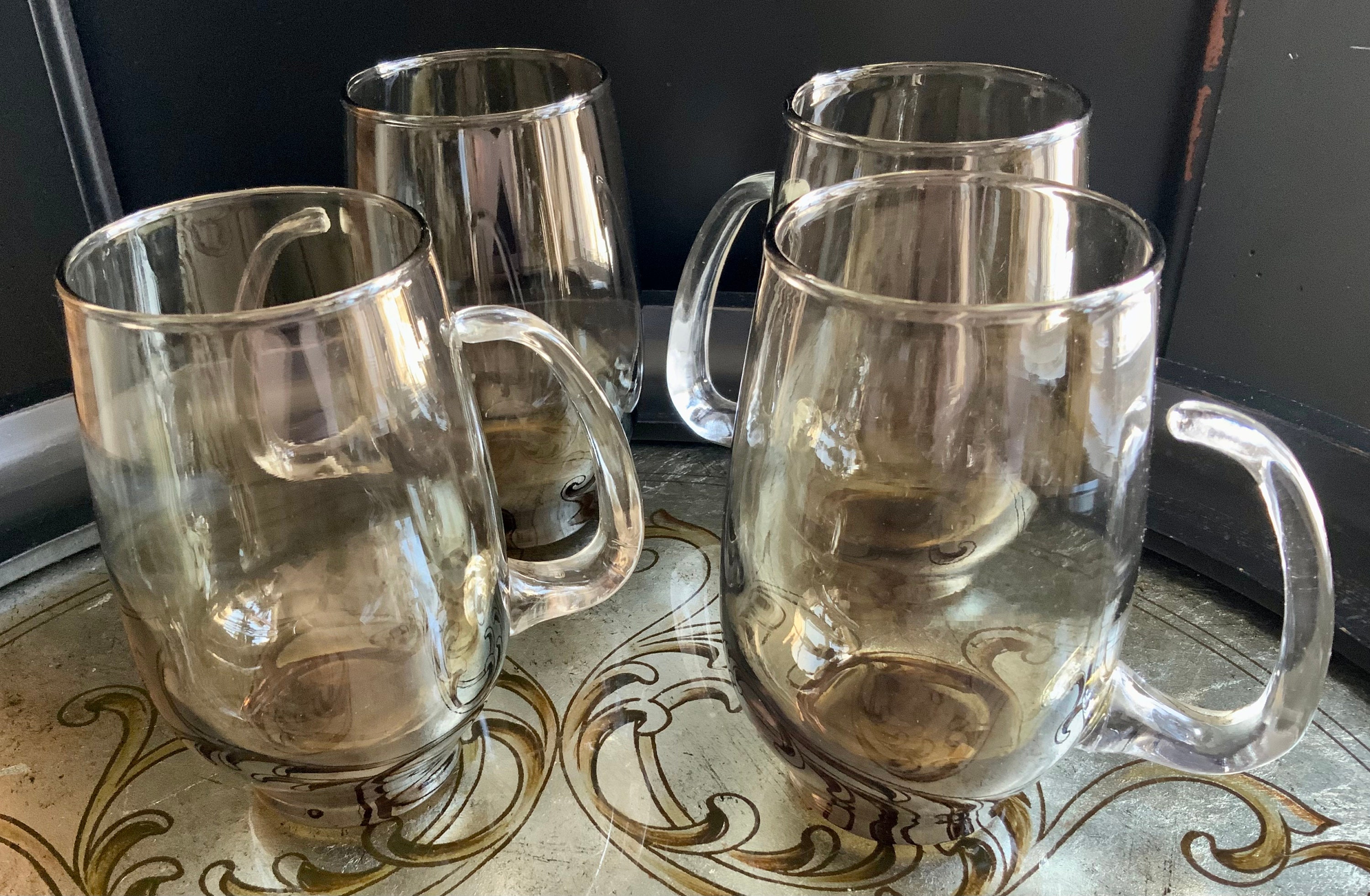 Great Set of Four Libbey Tempo Tankard Smokey Grey Brown Open Handle Glass Mugs Vintage 1960s ...