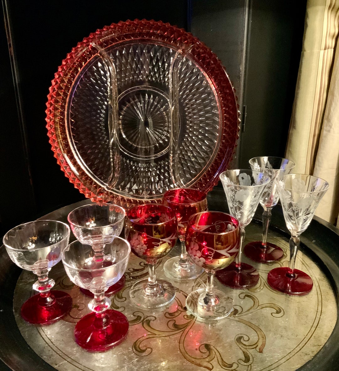 Marvellous Mismatched 10 Pc Set ~ Cranberry Flash Indiana Glass ~ 1 Divided Tray ~ 3 Louie ...