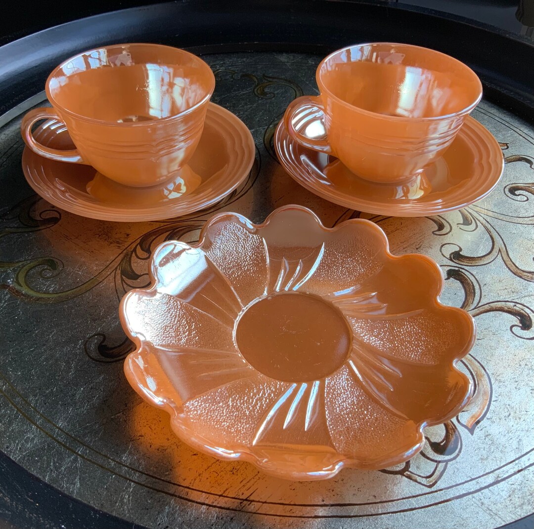 Vintage Fireking Peach Lustre 5 Piece ~ 2 Cups, 2 Saucers, 1 Dessert ...