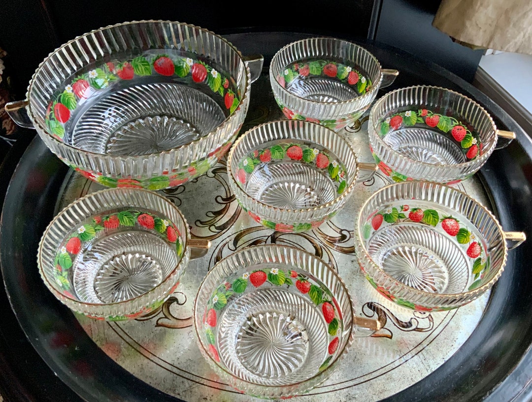 Charming Vintage 7 Piece Gold Trim, Handled Berry Bowl Set Hand Painted ...