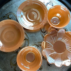 Vintage Fireking Peach Lustre 5 Piece ~ 2 Cups, 2 Saucers, 1 Dessert ...