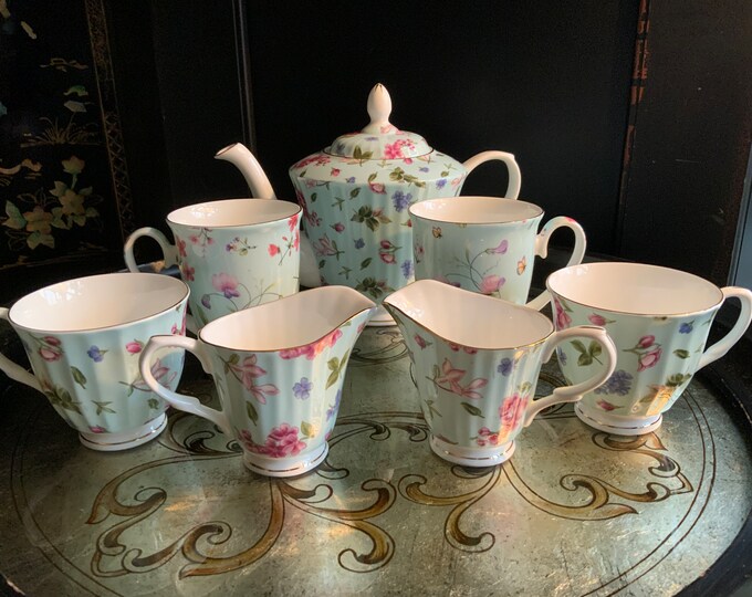 Gracie Tea Ware China Green & White Floral 5 CUP Porcelain Rose Floral ...