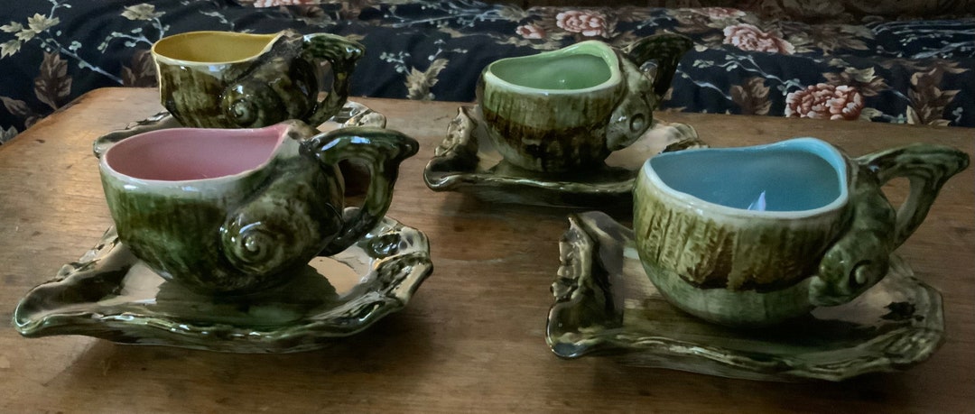 Wonderful Japanese Conch Shell Green Pottery Cups and Saucers ~ Set of ...