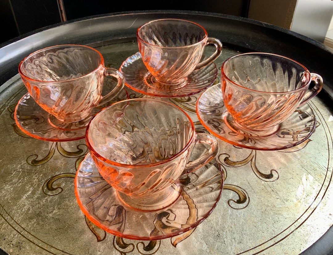 Set of Four Desirable Vintage Arcoroc Rosaline Pink Swirl Optic Cups ...