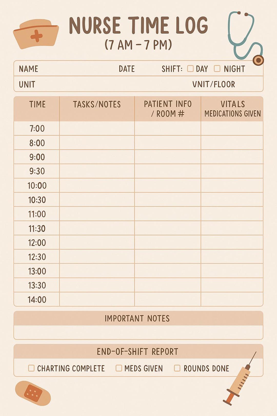 Boho Nurse Time Log Printable | 7 AM to 7 PM Shift Report Sheet | Daily ...