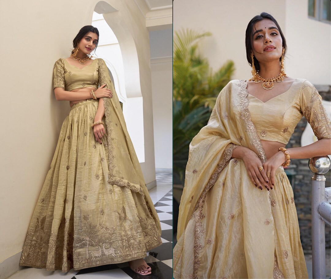 Beige Designer Gold Crush Lehenga Choli With Thread & Sequence ...