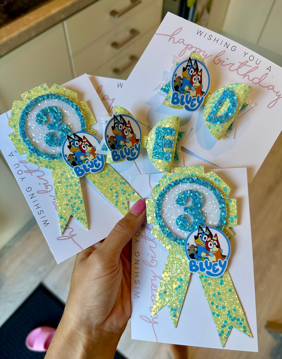 Personalised Bluey and Bingo Birthday Badge and Bow Hair Bow Birthday ...