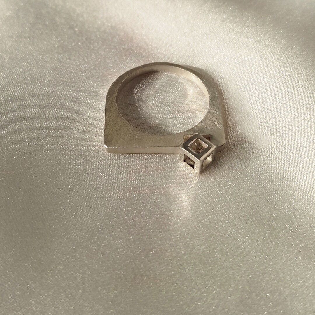 Silver Square Ring With Cube, Minimalist Unique Edgy Architectural ...