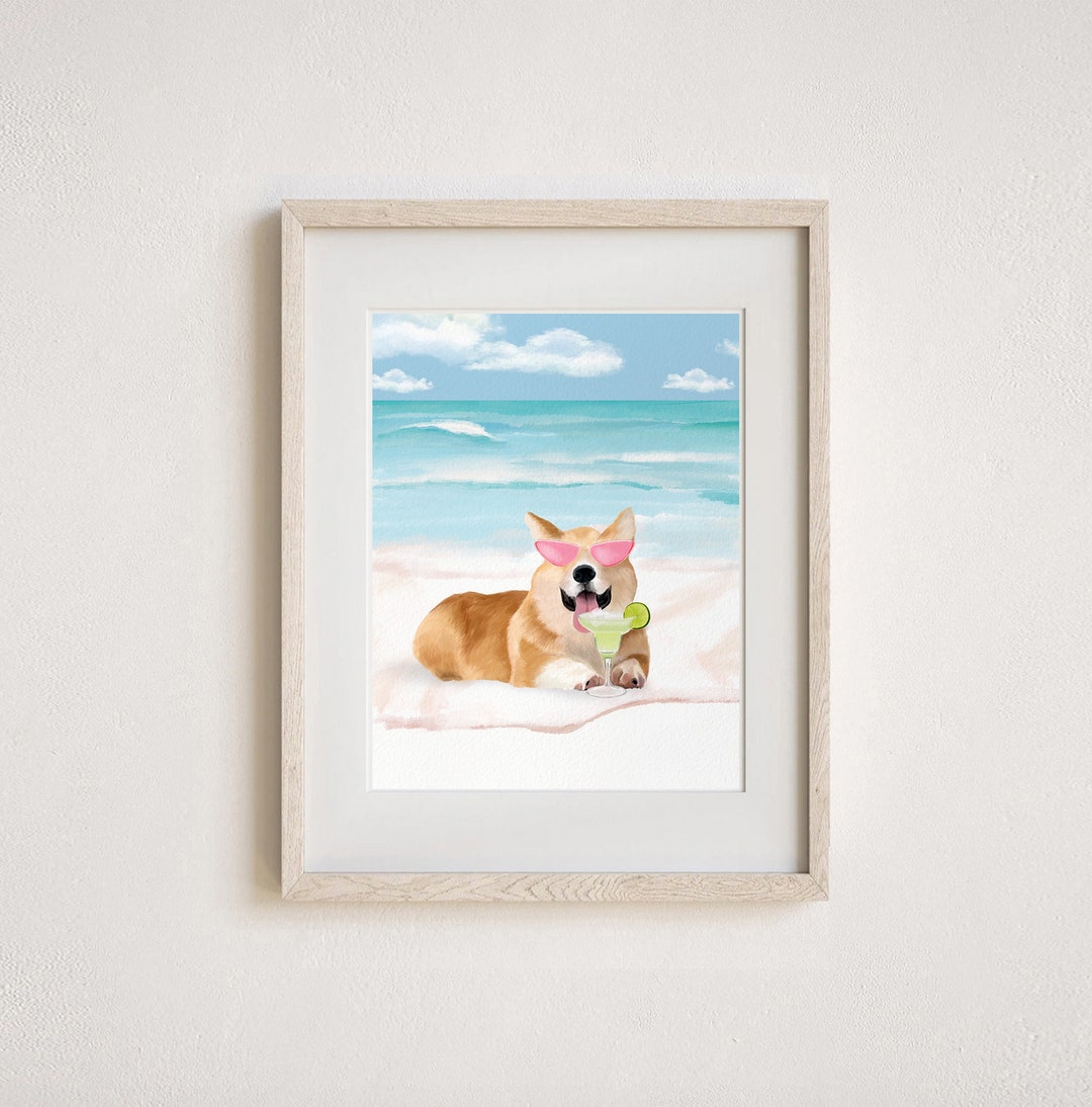 Corgi on the Beach Art Print, Cute Dog Wall Art, Tropical Ocean ...