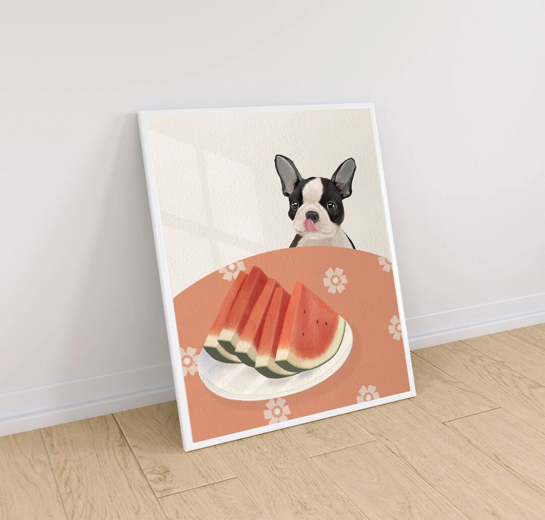 Boston Terrier Watermelon Art Print, Cute Dog Wall Art, Watermelon ...