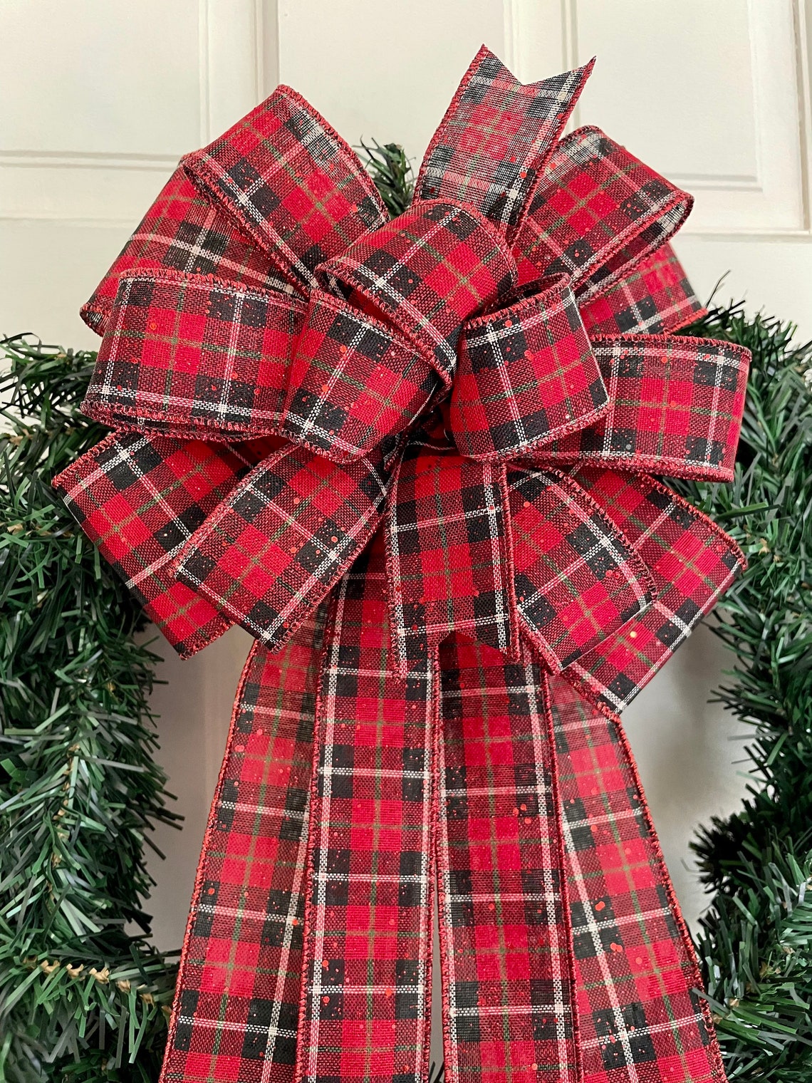 Plaid Check Christmas Bow, Red and Black Xmas Farmhouse Bow, Winter ...