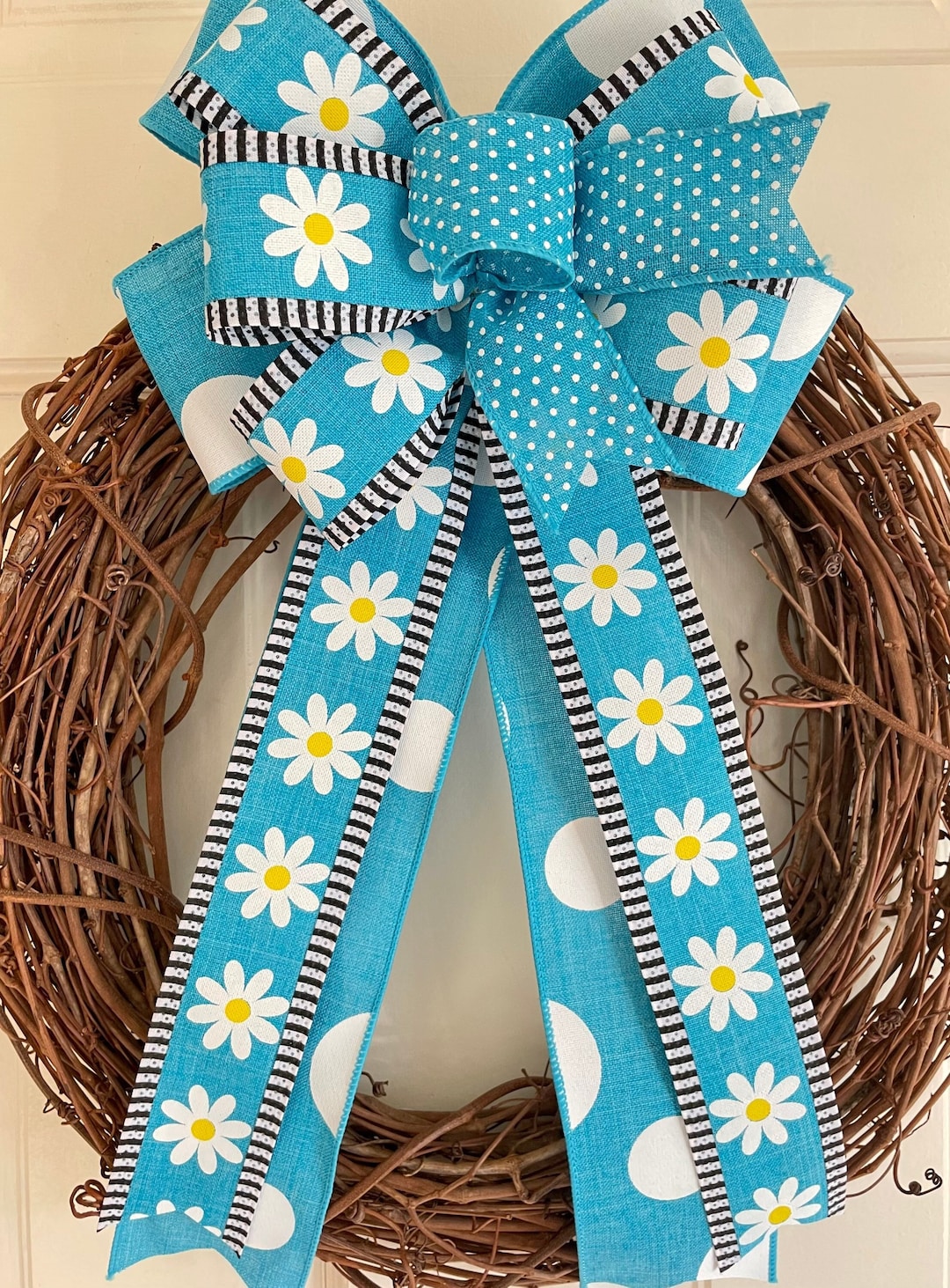 Spring Wreath Bow, Easter Lantern Topper, Daisy Easter Basket Bow, Blue ...