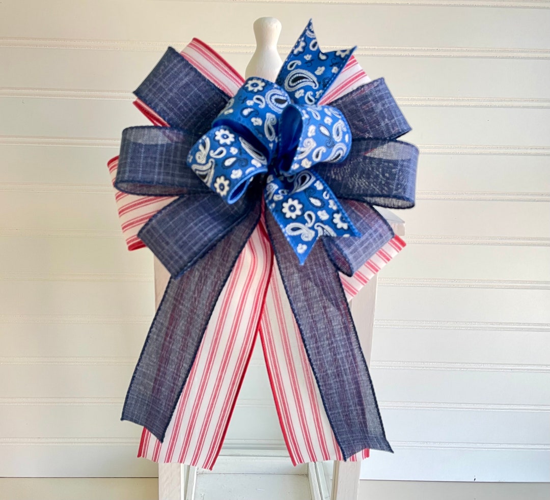 Country Style Bow for Wreath or Lantern, Ticking Stripe Red White and ...