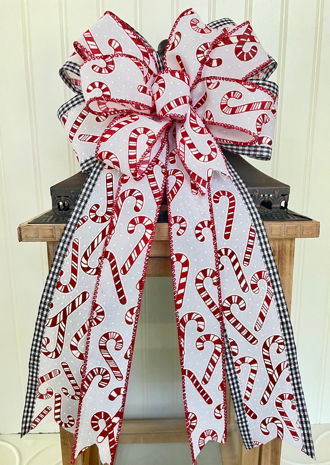 Red and White Candy Cane Christmas Bow, Gingham Edge Winter Lantern ...