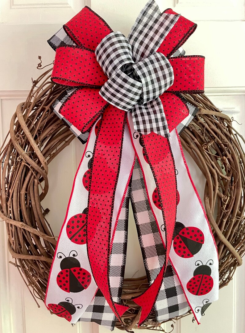 Summer Wreath Bow, Ladybug Lantern Topper, Spring Mini Polka Dot Front ...
