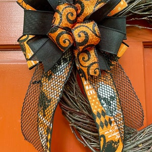 Halloween Wreath Bow, Orange and Black Fall Lantern Bow, Front Door ...